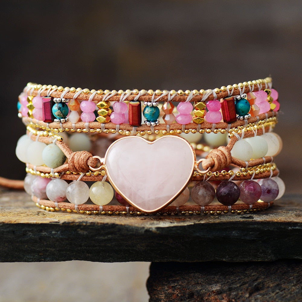 Bracelet en cuir, pierres naturelles et coeur de Quartz Rose – Lithia ...